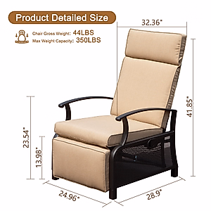 Domi Adjustable Patio Recliner Chair Metal Outdoor Lounge Chair with Flip Table Push Back, Adjustable Angle, Removable Cushions, Support 350lbs, Beige