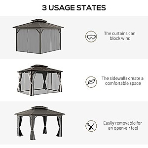 Outsunny 10' x 12' Hardtop Gazebo Canopy with Galvanized Steel Double Roof, Aluminum Frame, Permanent Pavilion Outdoor Gazebo with Netting and Curtains for Patio, Garden, Backyard, Gray
