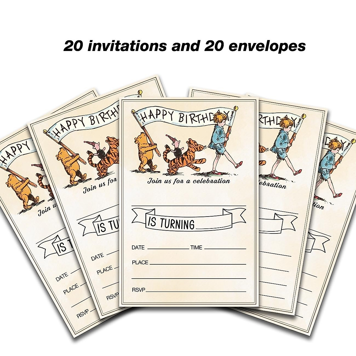 Dolimifa Classic Winnie the Pooh Birthday Invitations Fill in Style Bear Winnie Happy Birthday Invites, 20 Count With Envelopes