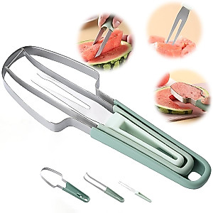 Generic 3-in-1 Watermelon Fork Slicer Cutter,Watermelon Cutter Slicer Tool, Stainless Steel Watermelon Popsicle Cutter Tool,Melon Cutter Knife Portability Fruit Fork for Camping Kitchen Gadgets