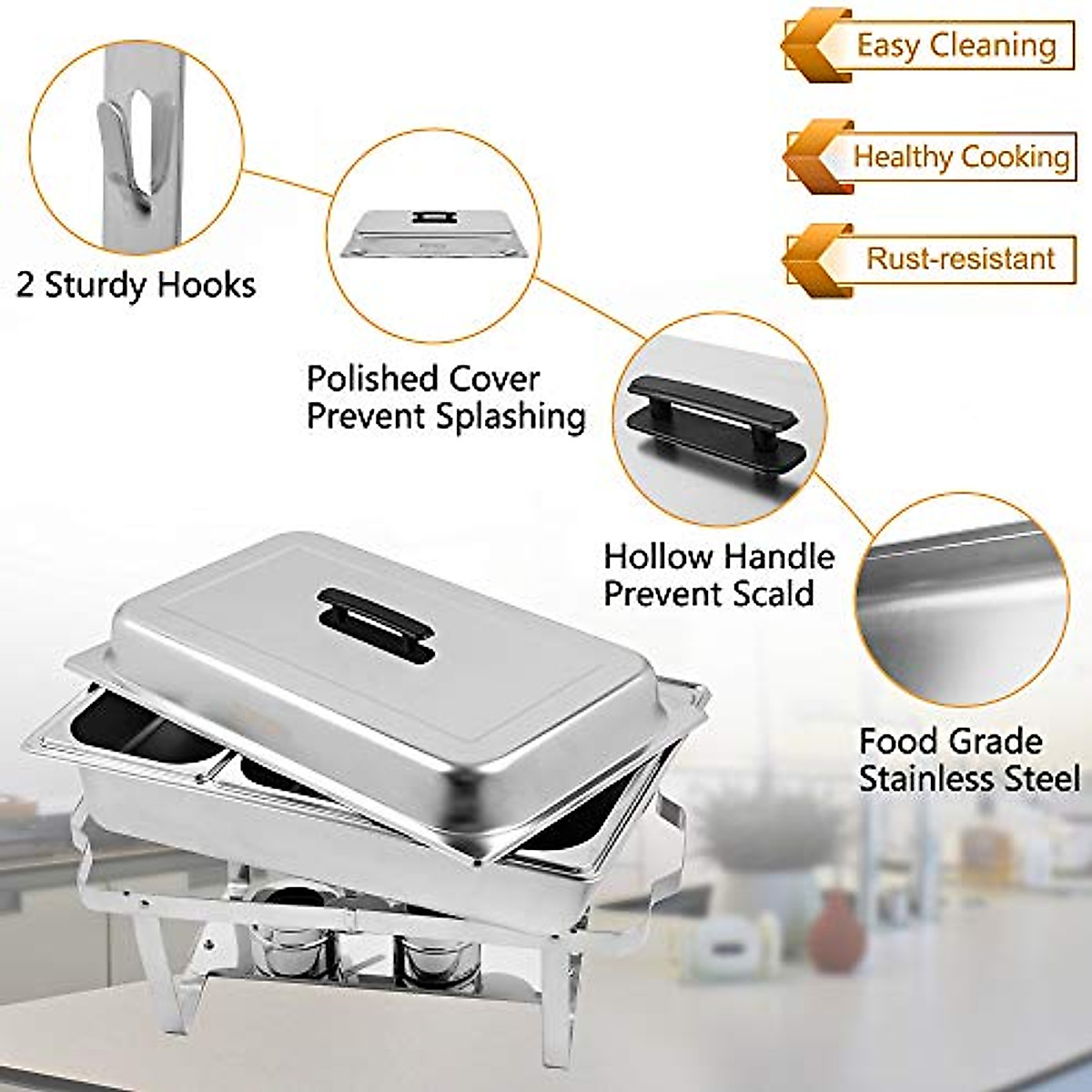 ROVSUN 8 Quart Chafing Dish Buffet Set, Stainless Steel Catering Serve Chafer, Restaurant Food Warmer, Rectangular Buffet Stove with 3 1/3 Size Food Pans and Foldable Frame for Party (1 Pack)