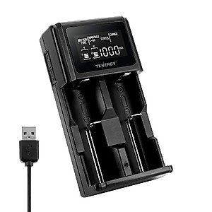Tenergy TN471U 2-Bay Universal Battery Charger with LCD for Li-ion/NiMH/NiCD Rechargeable Batteries, Micro USB Input, Portable Charger for Batteries Sizes 18650, 16340, 26650, AA, AAA, and More