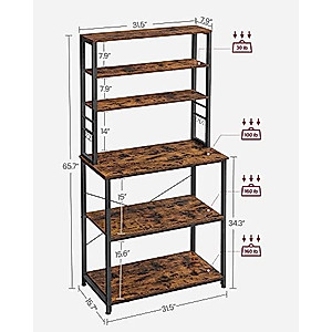 VASAGLE Baker's Rack, Microwave Oven Stand, Kitchen Tall Utility Storage Shelf, 6 Hooks and Metal Frame, Industrial, 15.7 x 31.5 x 65.7 Inches, Rustic Brown and Black UKKS019B01