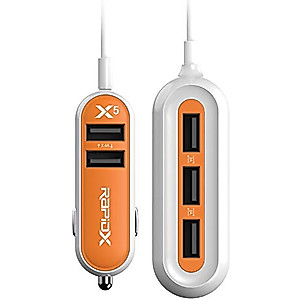 RapidX X5 Car Charger with 5 USB Ports for iPhone and Android - Orange
