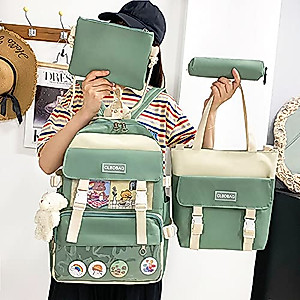 Cute Kawaii Backpack 4Pcs Canvas Backpack Give away bear pendant Pencil Pouch Shoulder Bag Lunch Bag for Girls Boys (one size, Green)
