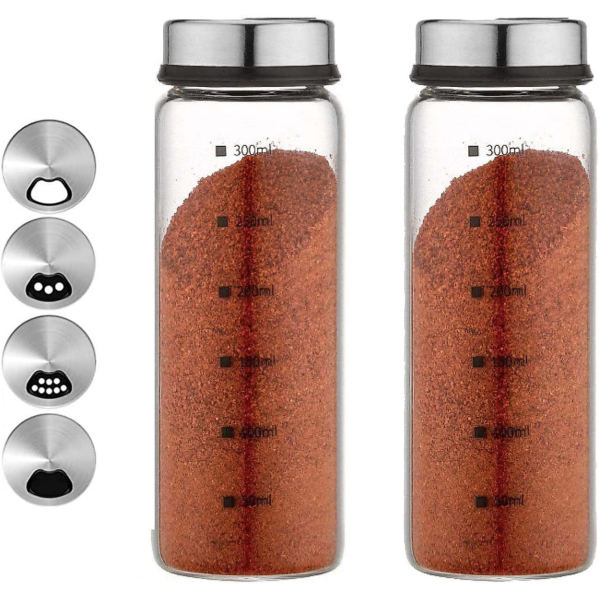 2 Piece 4-Neck Seasoning Shakers Moisture Resistant Seasoning Shakers Glass Seasoning Shakers, Salt and Pepper Shakers with Adjustable Pour Holes - For Seasoning, Picnics (2 large spice jars10oz)