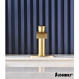 SLOUMKI Brushed Gold Waterfall Bathroom Faucet Single Hole, Gold Bathroom Faucet for Sink 1 Hole with 6 in Deck Plate and Pop Up Drain and Supply Hose, Modern Bathroom Sink Faucet