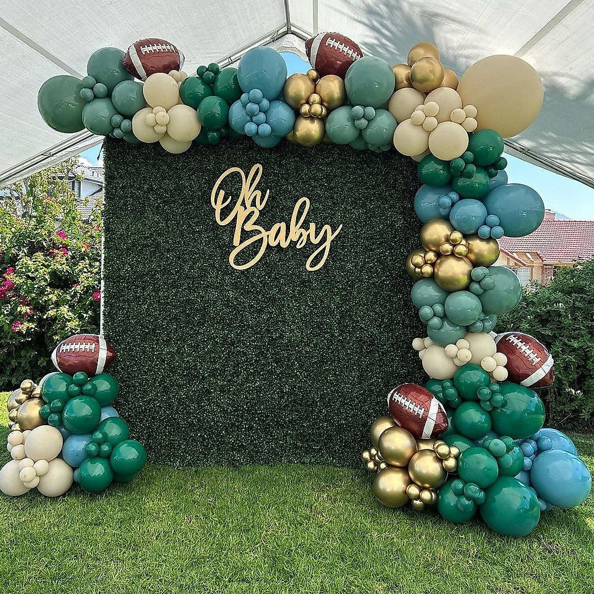 Football Balloons Arch Garland Kit 150PCS Dark Green Dusty Blue Sand White Balloons Rugby Mylar Balloons for Boho Super Bowl Eagle First Touch Down Birthday Party Baby Shower Decoration