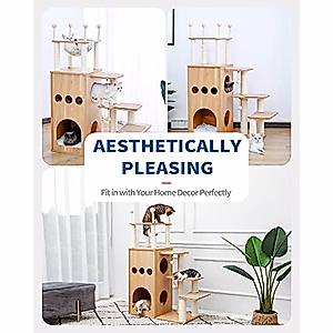 Made4Pets Modern Cat Tree for Large Cat, Wood Cat Tower Heavy Duty with Scratch Post for Indoor Big Cats, 51" Extra Tall Cat Condo Sturdy Frisco Castle with Clear Bowl for Kittens Maine Coon 20Lbs