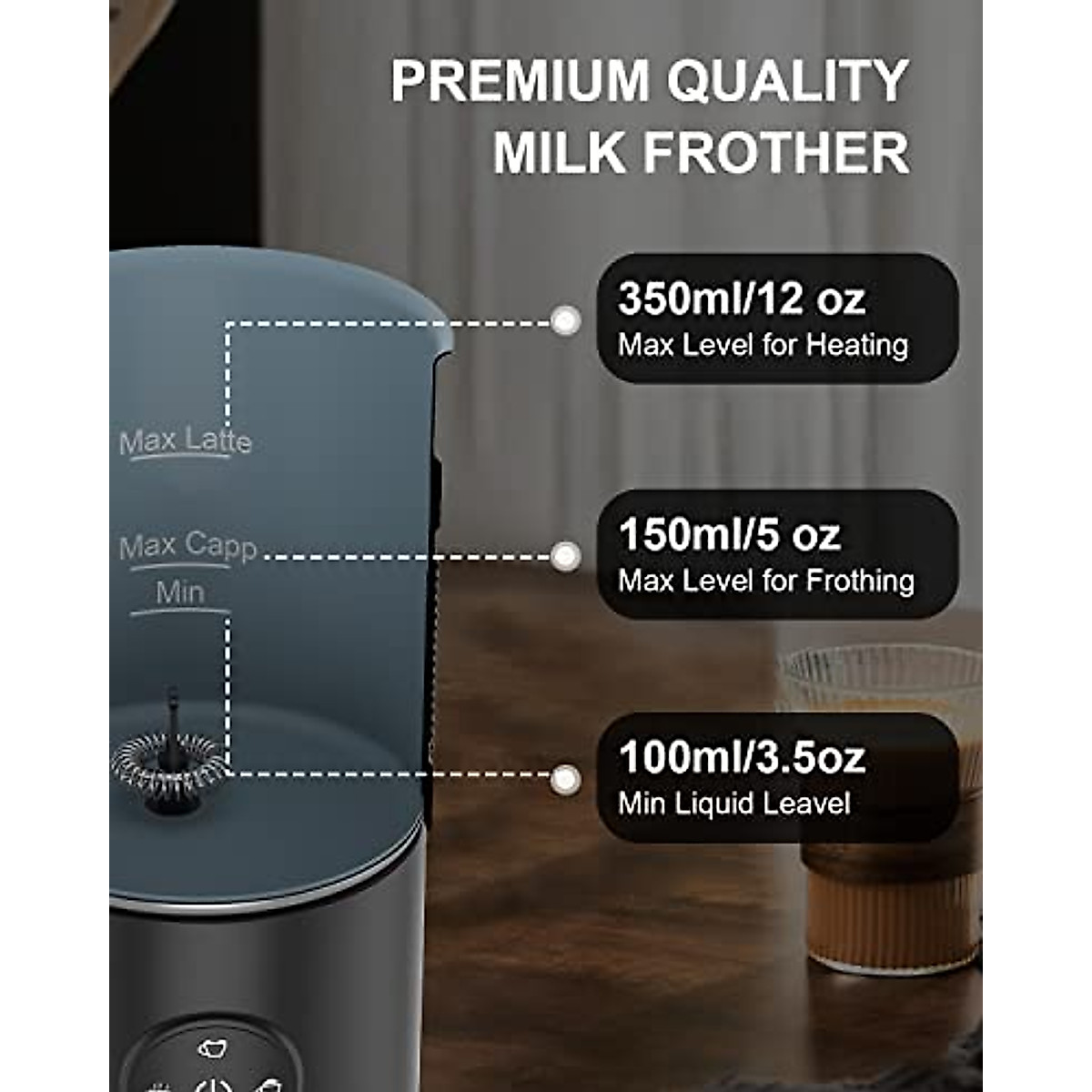 Rocyis 4 in 1 Milk Frother and Steamer-Electric Milk Warm Frother, 12oz/350ml Hot Cold Foamer-Coffee Steamer for Latte,Cappuccino,Hot Chocolate, Black