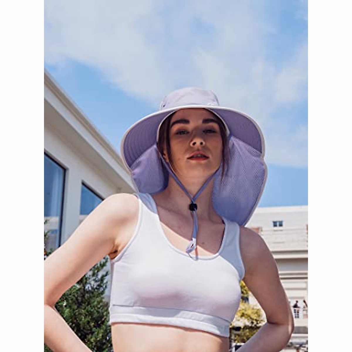 Womens Wide Brim UV Sun Protection Hats Foldable Waterproof Fish Hat Women with Neck Flap Light-Purple