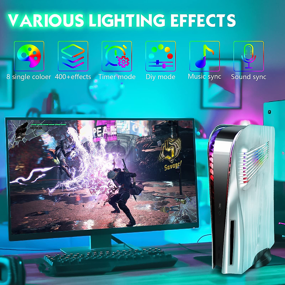 SIKEMAY PS5 Plates Console Accessories with Cooling Vent and RGB LED Light Strip for PlayStation 5 Disc Edition, PS5 Cover Face Plates Hard Shockproof Side Shell Skin, 8 Colors 400 Effects - Silver