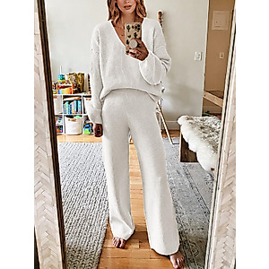 ANRABESS Women 2 Piece Outfits Sweater Lounge Sets Long Sleeve Cable Knit Pullover and Wide Leg Pants Tracksuit Matching Set White Large