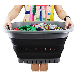 SAMMART 37L (9.77 gallon) Collapsible Plastic Laundry Basket - Foldable Pop Up Storage Container/Organizer - Portable Washing Tub - Space Saving Hamper/Basket (2, Grey/Black)