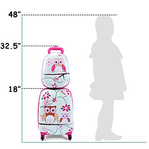 HONEY JOY Kids Luggage, 12” Travel Backpack & 16” Hard Shell Toddler Suitcase, Children Rolling Luggage with Wheels, Retractable Handle & 4 Casters, 2Pcs Carry On Luggage Set for Boys Girls (Owl)