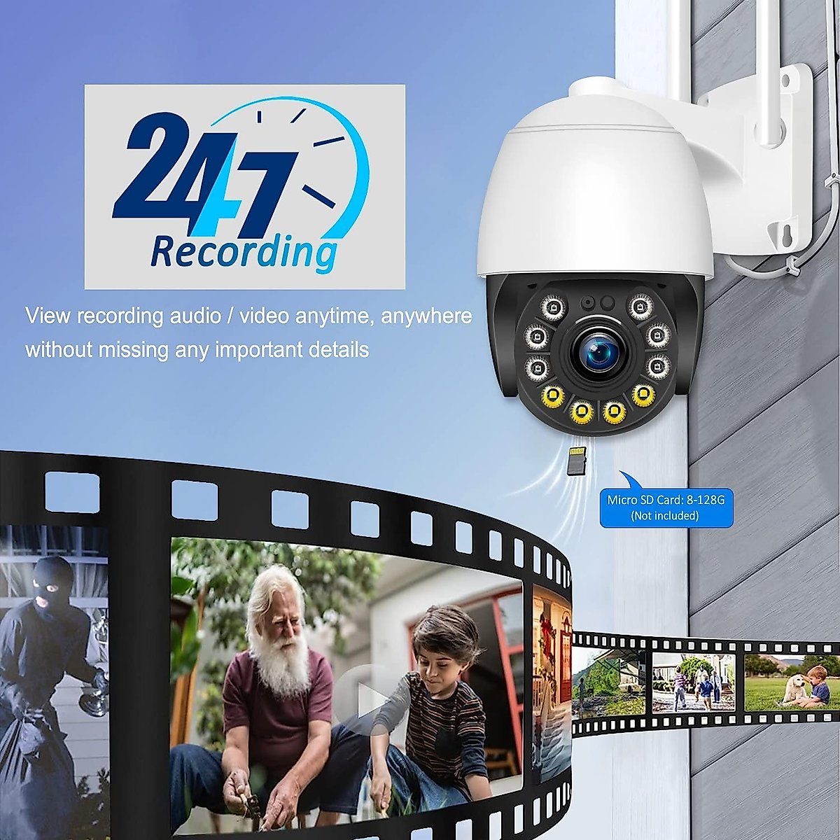 Security Camera Outdoor Wired with Night Vision Color, 360 WiFi Cameras for Home Security, Waterproof Video Surveillance Cameras, Motion Detection, Auto Tracking & Alarm, Fee Phone App and PC Software