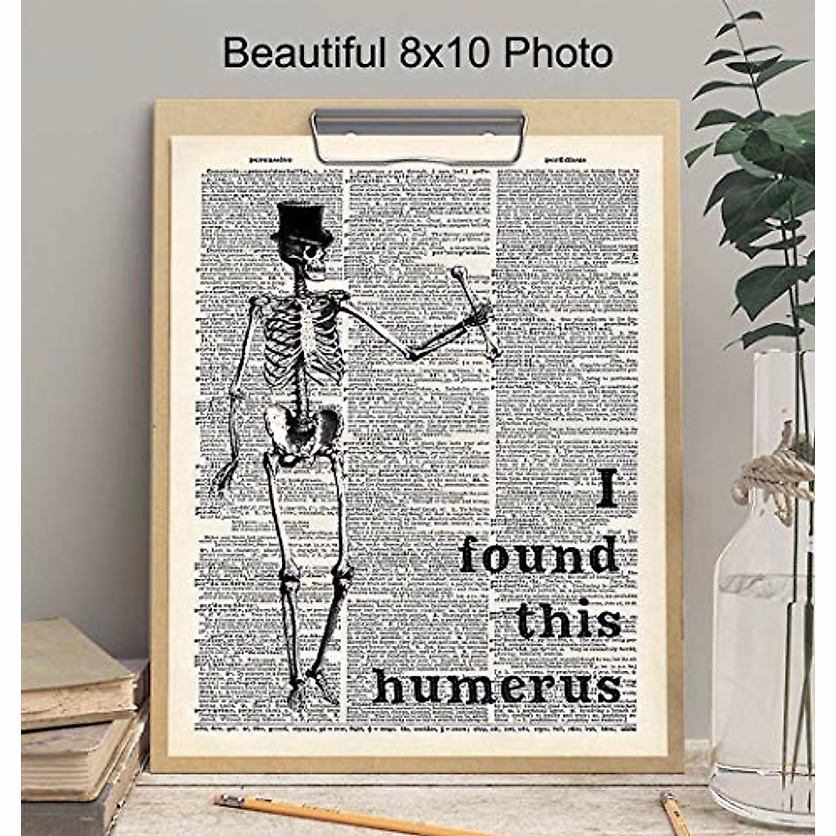 Funny Skeleton Dictionary Art Poster - 8x10 Upcycled Steampunk Home, Apartment or Wall Decoration, Room Decor for Home or Doctors Medical Office - Cool Unique Gift for Goth Fans - Picture, Print Photo