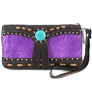 Zelris Turquoise Concho Western Floral Women Wrist Handle Bifold Zipper Wallet (Red)