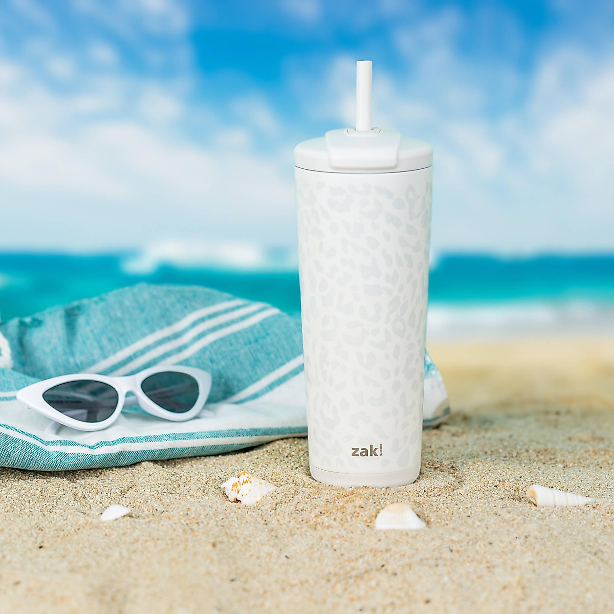 Zak Designs Beacon Straw Tumbler for Travel or At Home, 24oz Stainless Steel with Vacuum Insulated and Non-Skid Base (Linen Leopard)