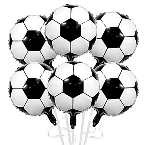 YGAUZ 6 PCS Soccer Balloons, 18 Inch, White and Black, Sports Birthday Decorations, Foil Balloon