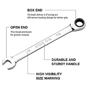 Jetech 7/16 Inch Ratcheting Combination Wrench, Industrial Grade Gear Spanner with 12-Point Design, 72-Tooth Ratchet, Made with Forged and Heat-Treated Cr-V Steel in Chrome Plating, SAE