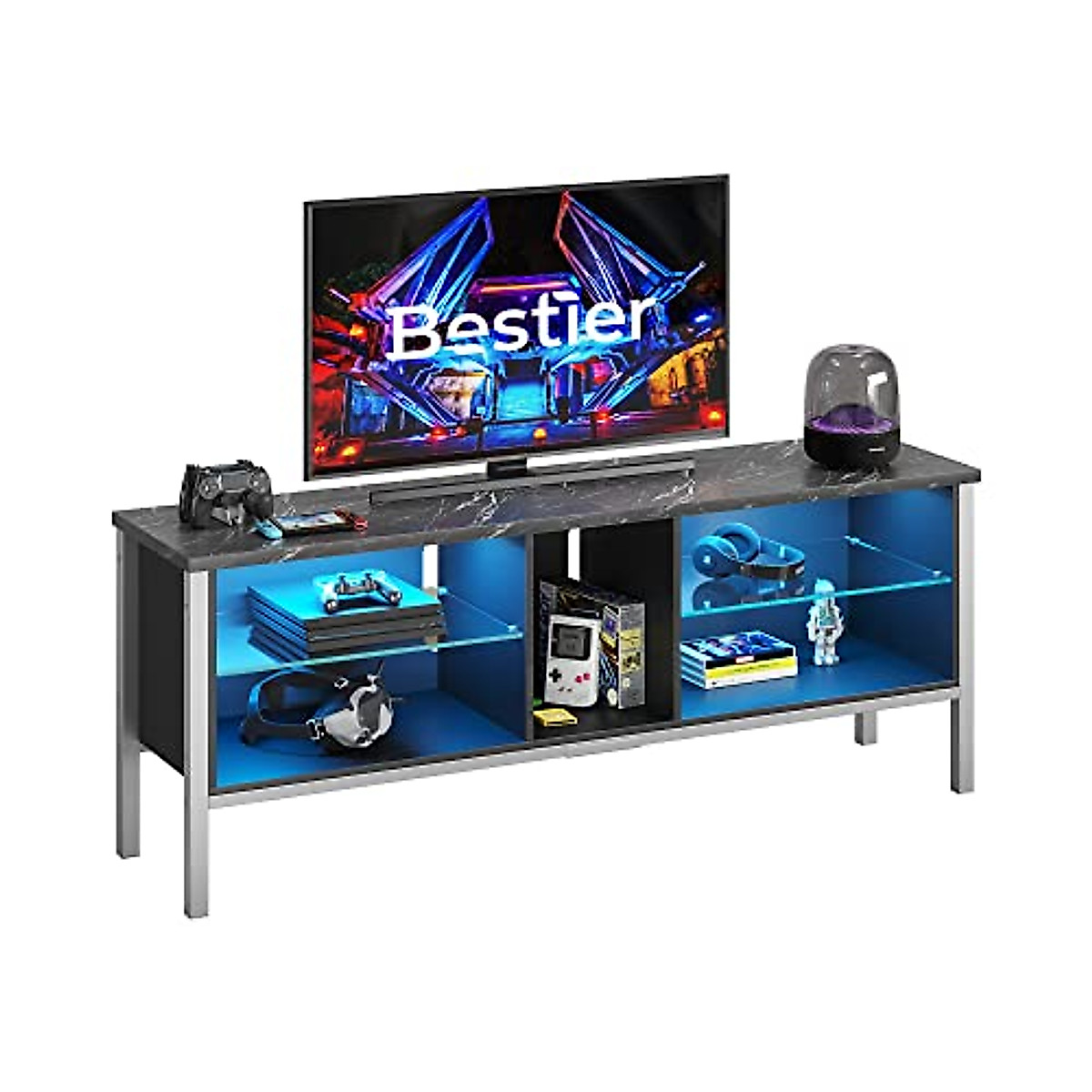 Bestier LED TV Stand, Modern Gaming Entertainment Center for 65/70 inch tv, Wood TV Stand with Glass Shelves for Living Room Bedroom, Black Marble