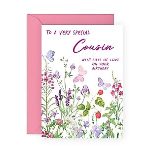 CENTRAL 23 Sweet Birthday Card for Her - 'To A Very Special Cousin' - Floral Greeting Card for Female - Flowers & Butterfly - Cousin Birthday Card - Comes with Stickers