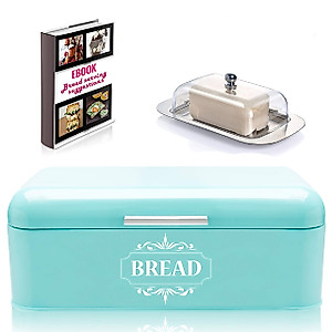 AllGreen Vintage Bread Box Container for Kitchen Counter Decor Stainless Steel Metal Bread Bin Retro Turquoise for Dry Food Storage Including Free Butter Dish & Serving eBook Store Bread Loaf.