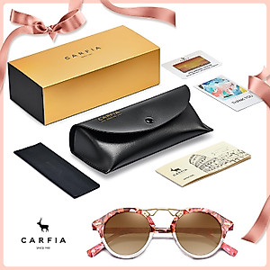 CARFIA Small Acetate Polarized Sunglasses for Women UV Protection, Retro Double Bridge Eyewear Metal Brow Round Sunnies