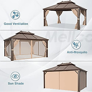 MELLCOM 10' x 13' Hardtop Gazebo, Galvanized Steel Metal Double Roof Aluminum Gazebo with Curtains and Netting, Brown Permanent Pavilion Gazebo with Aluminum Frame for Patios, Gardens, Lawns