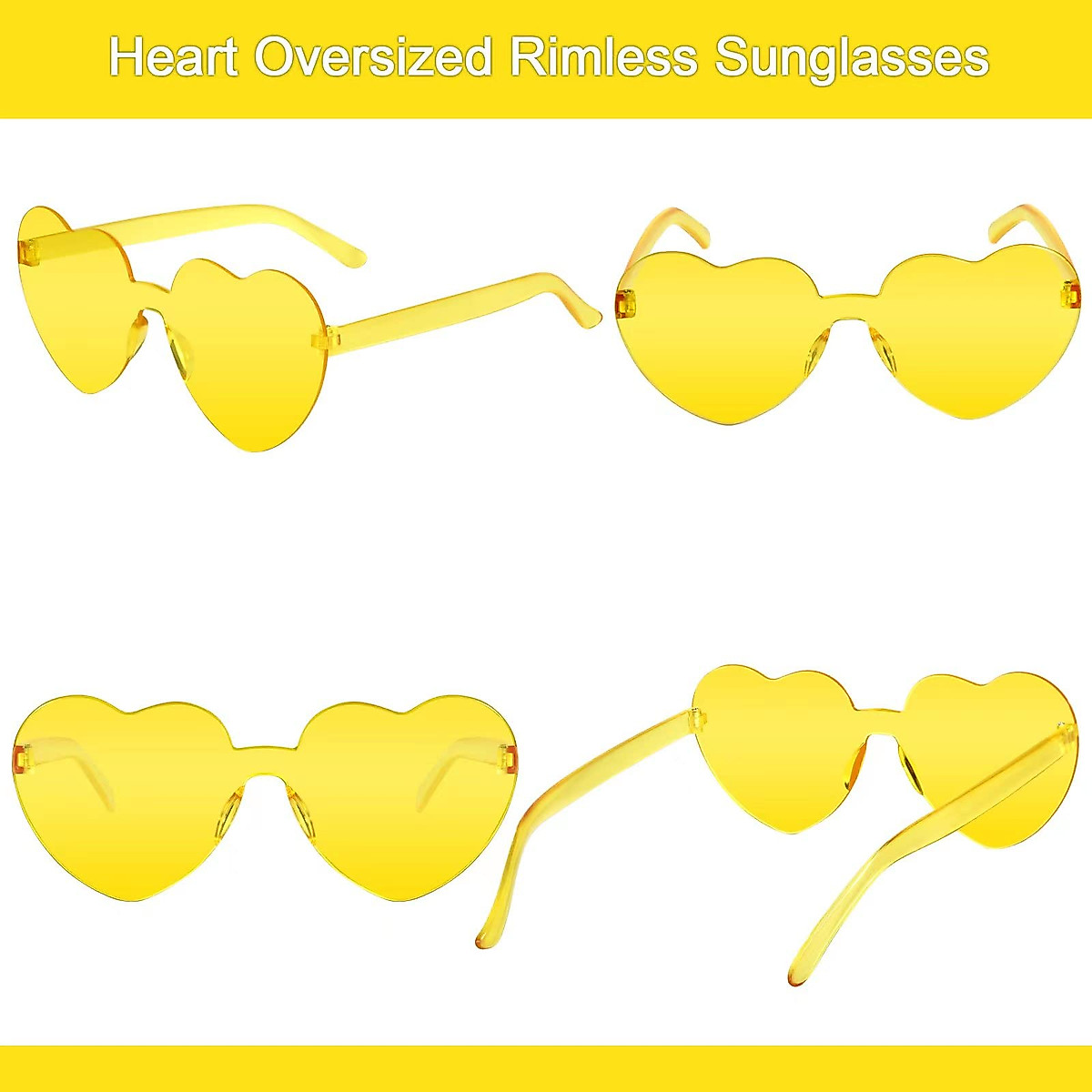 JFTOWN 12 Pairs Heart Shape Rimless Valentines Sunglasses Candy Color Frameless One Piece Love Glasses for Women Party Favor (Yellow)