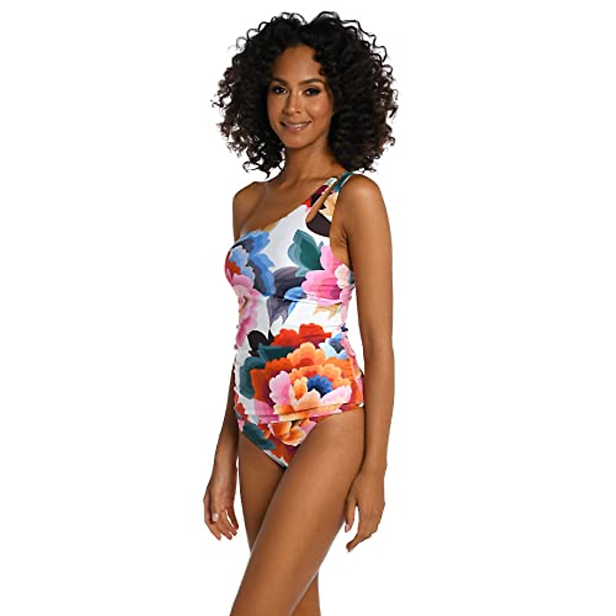 La Blanca Women's One Shoulder Keyhole Tankini Swimsuit Top, Multi//Floral Rhythm, 16