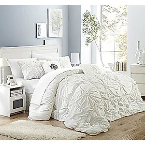 Chic Home Halpert 6 Piece Comforter Set Floral Pinch Pleated Ruffled Designer Embellished Bed Skirt and Decorative Pillows Shams Included, Queen, White