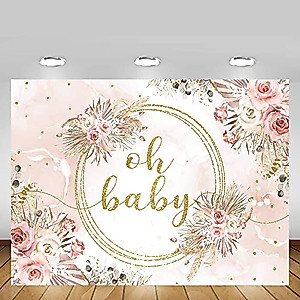 MEHOFOND 7x5ft Oh Baby Backdrop for Girls Baby Shower Boho Pampas Blush Pink Floral Background Newborn Portrait Gold Glitter Sequins Dots Leaves Decorations Newborn Studio Photo Props