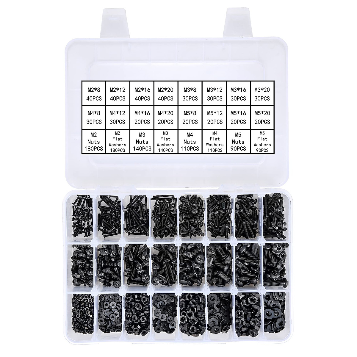 PGMJ 1500 Pcs M2/M3/M4/M5 Hex Screws Nuts Washers Kit - 12.9 Grade Black Alloy Steel Metric Screw and Bolt Assortment Set for Wood Working Hardware (Button Head)