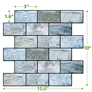 VANCORE Peel and Stick Backsplash for Kitchen: Self Adhesive Wall Tiles for Bathroom - 3D Subway Back Splash - 10 Sheets Vinyl Blue Waterproof Wallpaper with Real Marble Texture for Shower