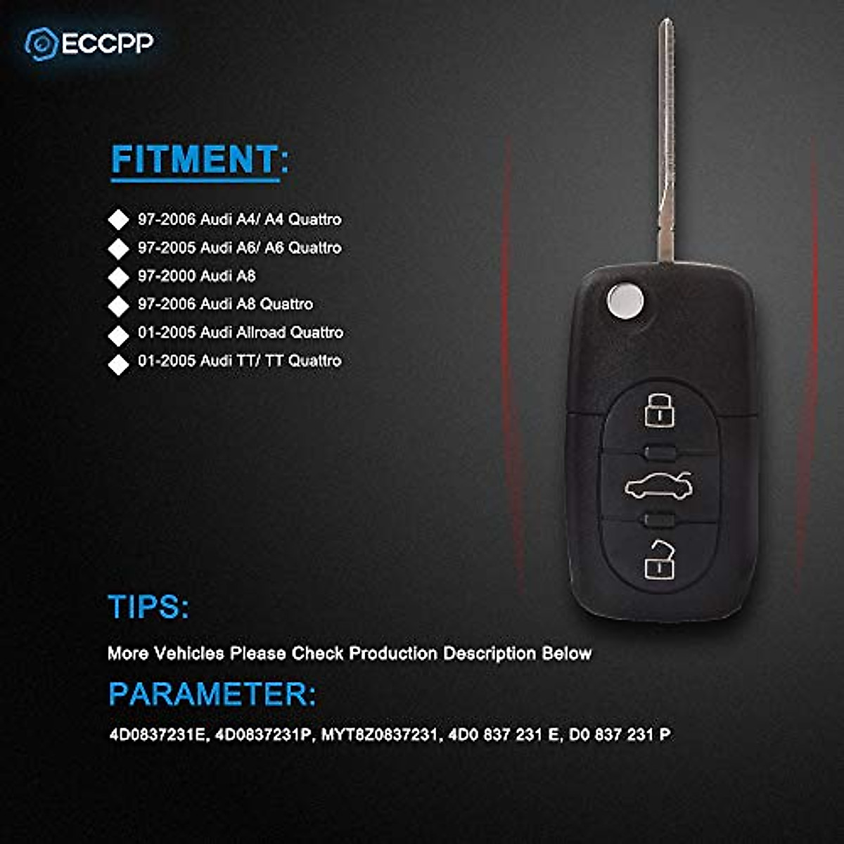 ECCPP 2PCS Uncut Keyless Entry Remote Control Car Key Fob (Shell Case) for A udi A4 for Audi TT/ A6 Quattro / A8 Quattro/Allroad Quattro/TT Quattro 4D0837231E 4D0837231P MYT8Z0837231