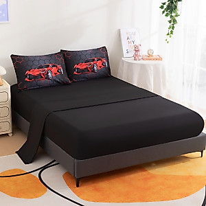 Podol 5 Pieces Race Car Comforter Set Twin Size Red Sports Car Bedding Sets for Boy 3D Geometric Bed in a Bag with 1 Comforter, 2 Pillowcases, 1 Flat Sheet and 1 Fitted Sheet