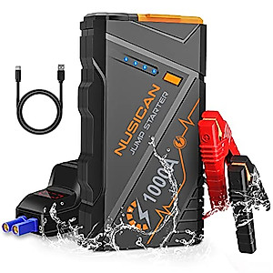 NUSICAN Car Jump Starter Portable, 1000A Peak Battery Charger Jumper Starter for up to 7L Gas or 5.5L Diesel Engine, 12V 12800mAh Lithium Battery Booster Jump Box with Smart Clamp Cables, LED Light