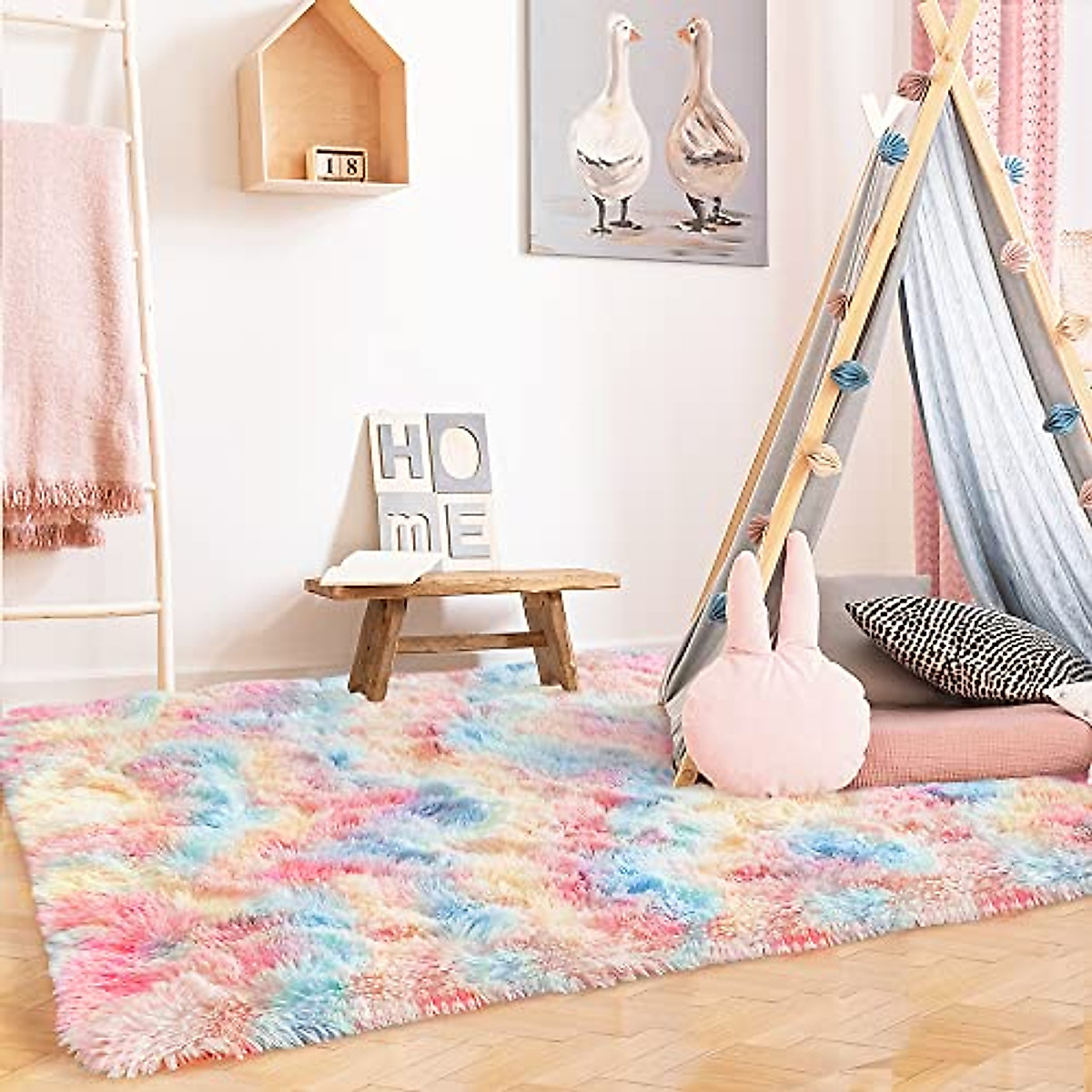 LOCHAS Luxury Shag Rug Fluffy Area Rugs 4x6 Feet, Cute Rainbow Rugs for Girls Bedroom Kids Room, Soft Tie-Dye Living Room Carpet, Teen Girls Boys Room Decor Carpets, Rainbow