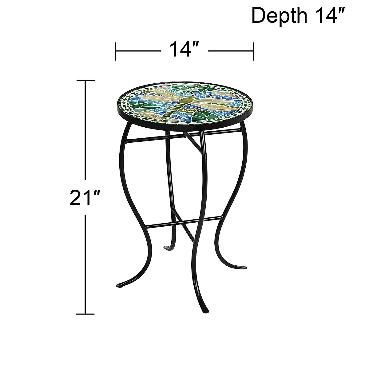Teal Island Designs Dragonfly Modern Black Metal Round Outdoor Accent Side Table 14" Wide Blue Green Mosaic Tile Inlay Tabletop Gracefully Curved Legs for Spaces Porch Patio Home House Balcony Deck