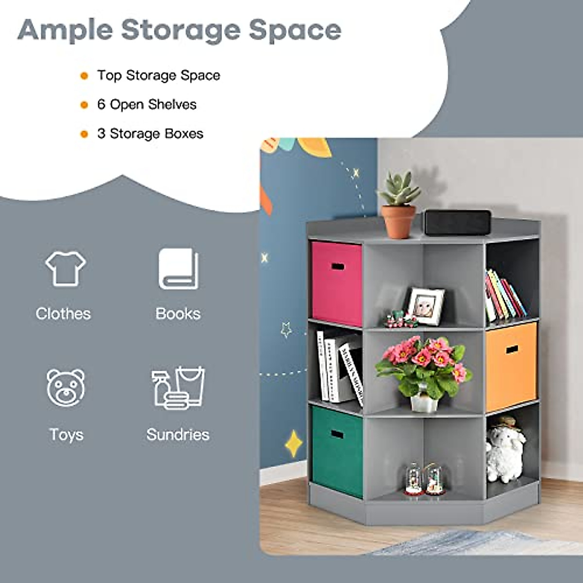 Costzon 9-Cubby Kids Bookcase with Extra Large Storage Baskets, Multi-Bin Children's Organizer Shelf with 6 Cubes and 3 Shelves, Wooden Storage Sideboard Suitable for Playroom, Decor Room (Gray)