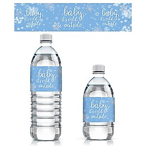 Blue Little Snowflake Winter Baby Shower Water Bottle Labels - Baby It's Cold Outside - 24 Stickers