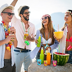 12 Pcs Hawaiian Luau Shot Glasses Bead Necklace Hawaiian Aloha Party Necklace Cups Flamingo Hibiscus Shot Glass Beaded Necklace Plastic Shot Glasses Necklace for Hawaiian, Summer Tiki Party Supplies