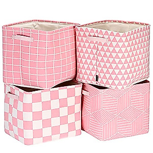 Sea Team Foldable Large Square New Pink and White Geometric Theme 100% Natural Linen & Cotton Fabric Storage Bins Storage Baskets Organizers for Shelves & Desks - Set of 4 (Pink)