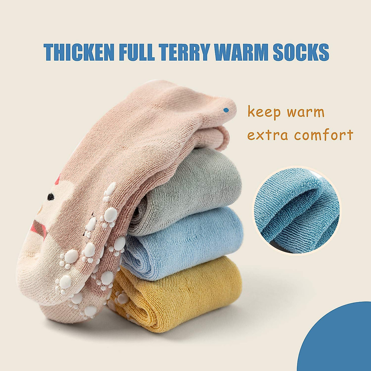 Baby Non Slip Winter Socks Baby Boys Warm Terry Socks with Grips for Baby Girls Non Skid Ankle Socks 6 Pairs 12-24 Months