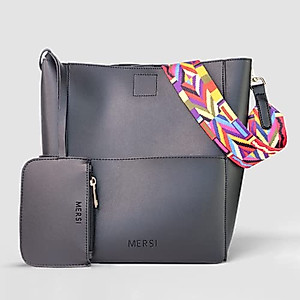 MERSI Demi Bucket Purse - Faux Leather Bucket Bag With Detachable Mini Pouch & 2 Adjustable Shoulder Straps - Vegan Leather Luxury Handbags For Women - (12”H x 11”L x 5”D, Black)