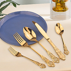 Retro Royal Gold Silverware Set With Gift Box For 8 Cutlery Set Utensils Stainless Steel Flatware 40 Pieces MIKIWAY Kitchen Tableware Set For Gifts Festive, Dishwasher Safe, Mirror Polishing