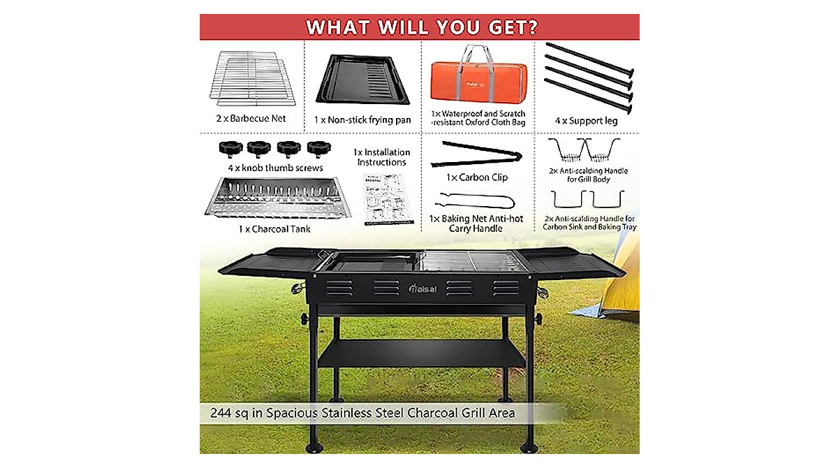 Baisal Portable Charcoal Grill for Outdoor BBQ, Foldable Camping ...