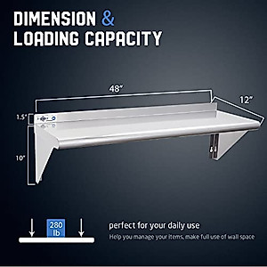 Profeeshaw NSF Stainless Steel Shelf 12” x 48”, 280 lb Commercial Shelves Wall Mounted Metal Shelving with Backsplash and 2 Brackets for Restaurant, Bar, Utility Room, Kitchen and Garage